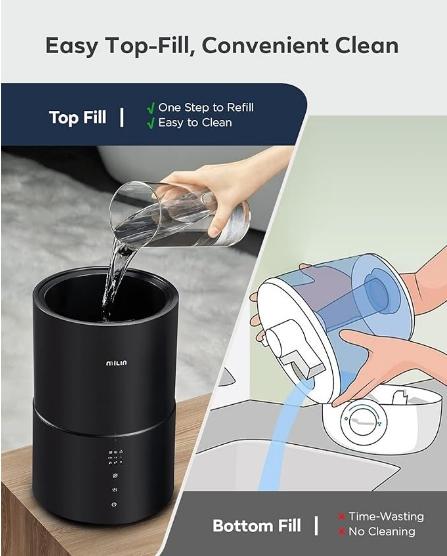 BLACK Milin 2L Top Fill Ultrasonic Cool Mist Humidifier, with a large ...