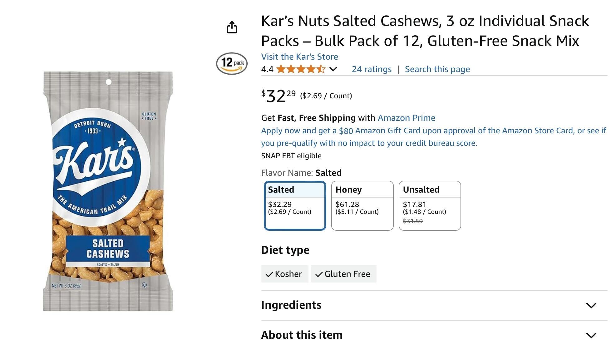 12 Large 3oz Bags of Kar’s Nuts Salted Cashews - Fresh and good through ...