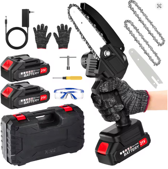 One Handed Cordless Mini Chainsaw With Two Batteries, Gloves and Safety ...