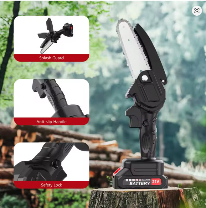 One Handed Cordless Mini Chainsaw With Two Batteries, Gloves and Safety ...