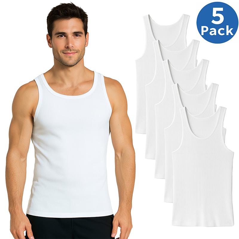 5 Pack of: Men's Cotton Ribbed Classic Crew Neck Tank Tops. Stay cool ...