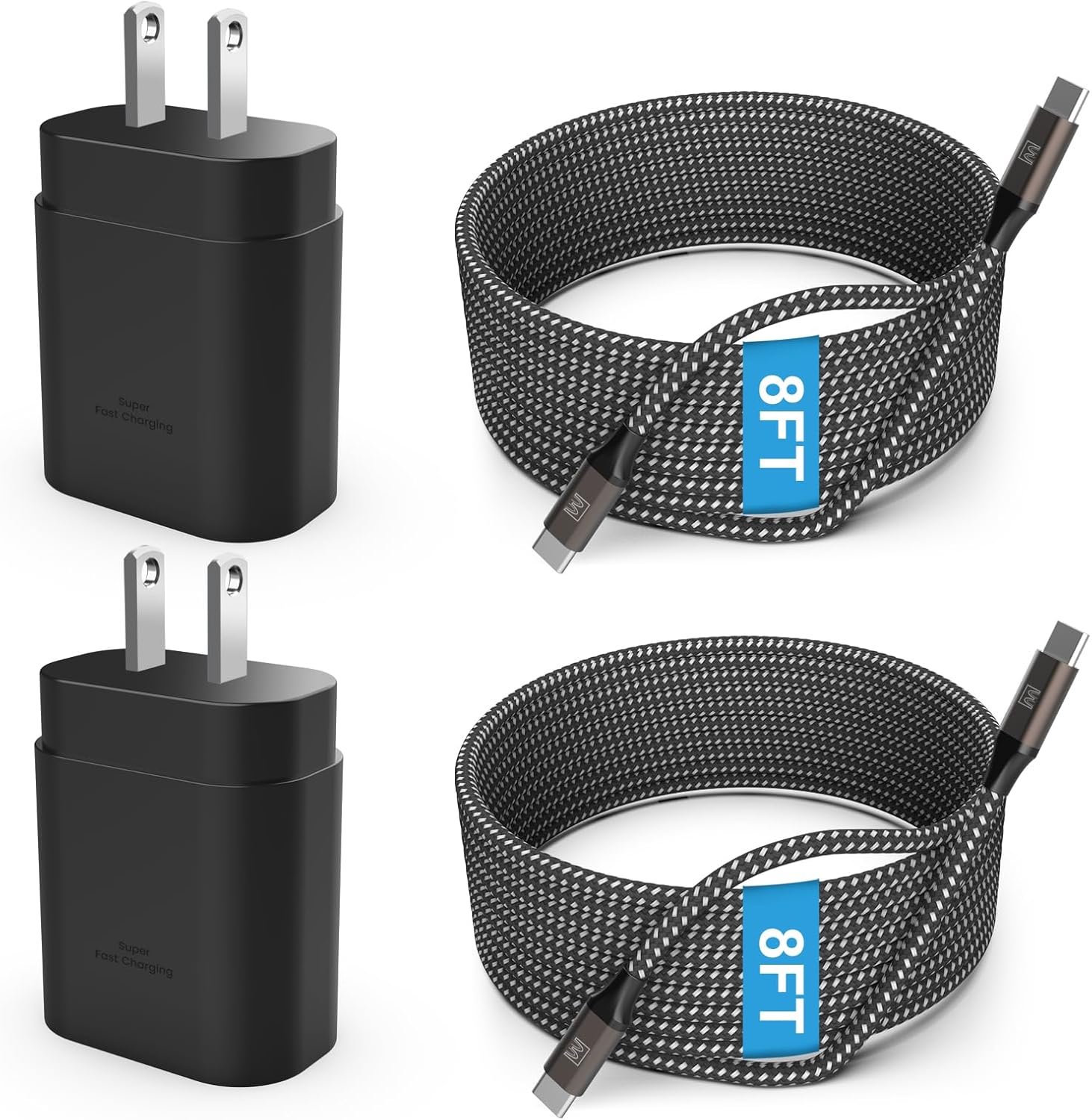 TWO PACK of Ultra Fast USB-C Wall Chargers + TWO PACK of 8 Foot Fast ...