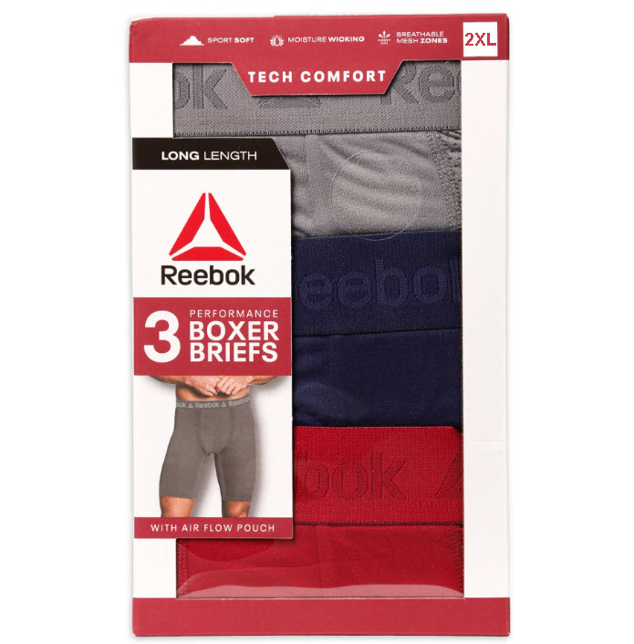 3 PAIRS of Reebok "Tech Comfort" Boxer Briefs - Size 2XL - Long Leg 9in ...