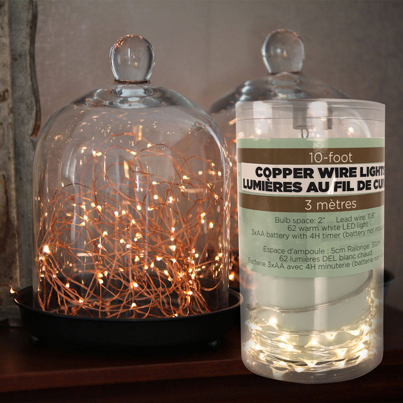 10 Foot Copper Waterproof Wire Light Strands - 64 Warm White LED Bulbs ...