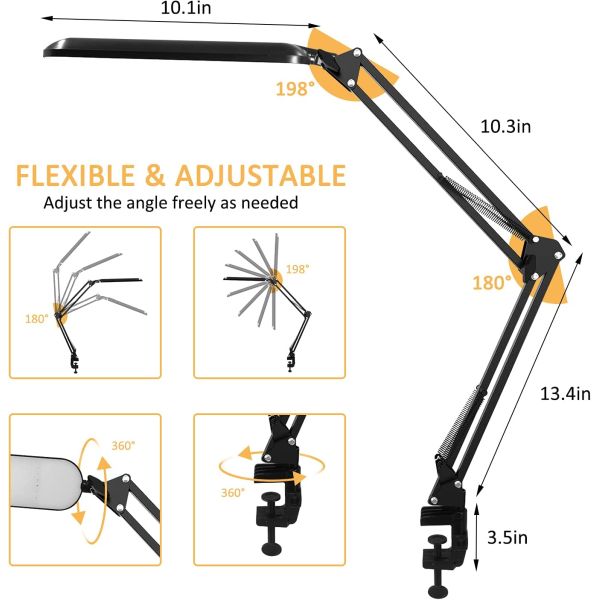 Adjustable Metal Swing Arm Desk LED Lamp with Clamp - 3 Color Modes and ...