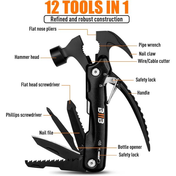 12-in-1 Hammer Multitool - Includes a mini hammer, nail claw, pliers ...