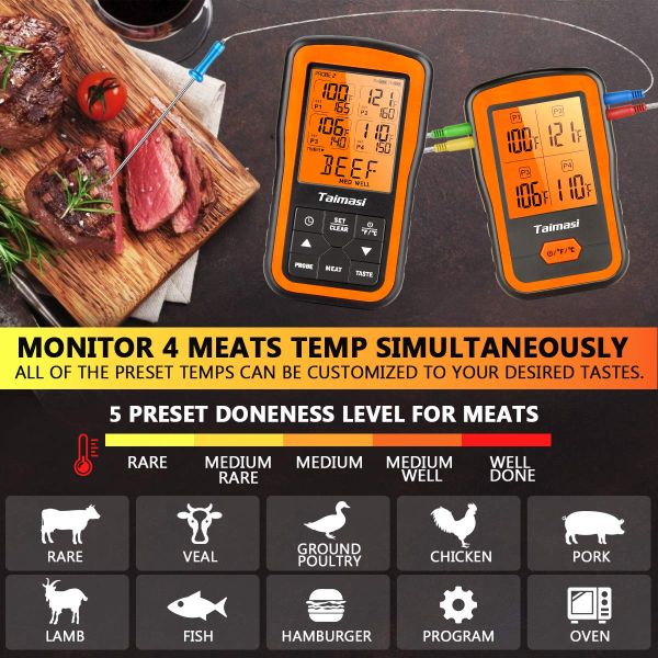 Wireless Digital Meat Thermometer with 4 Probes - Monitor 4 different ...